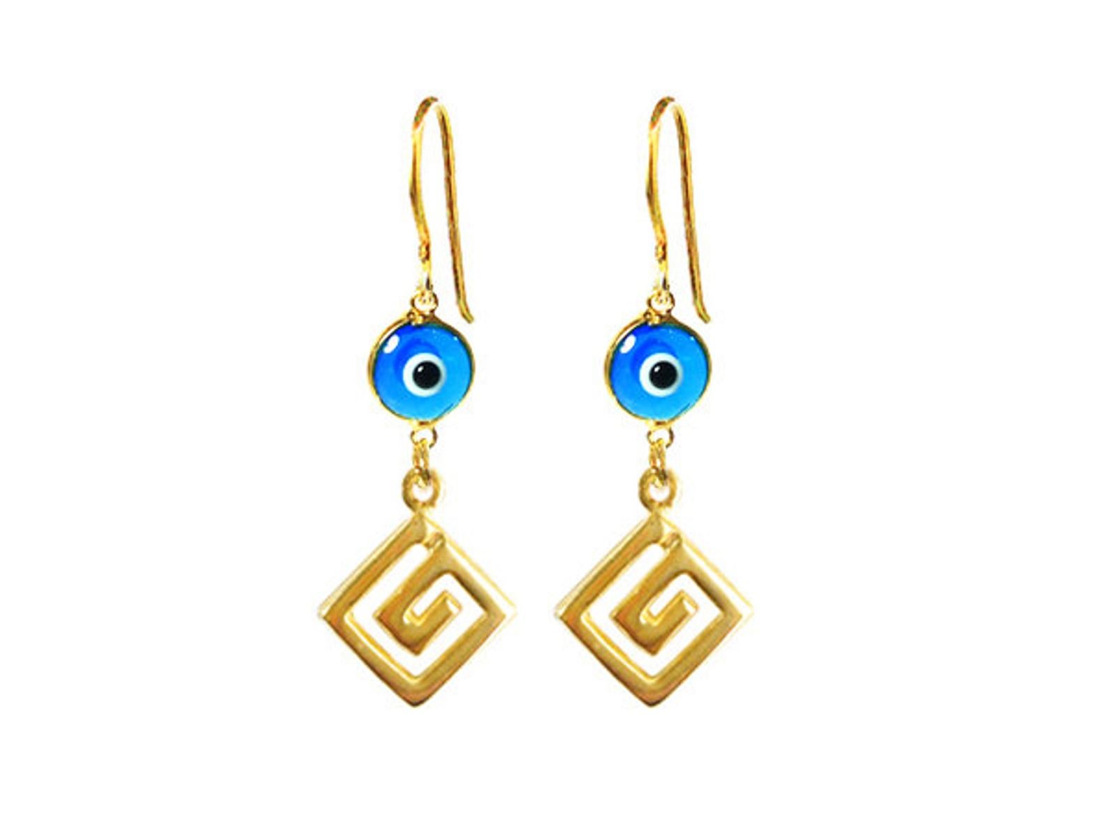 Greek Key with Evil Eye Earring Turquoise Gold